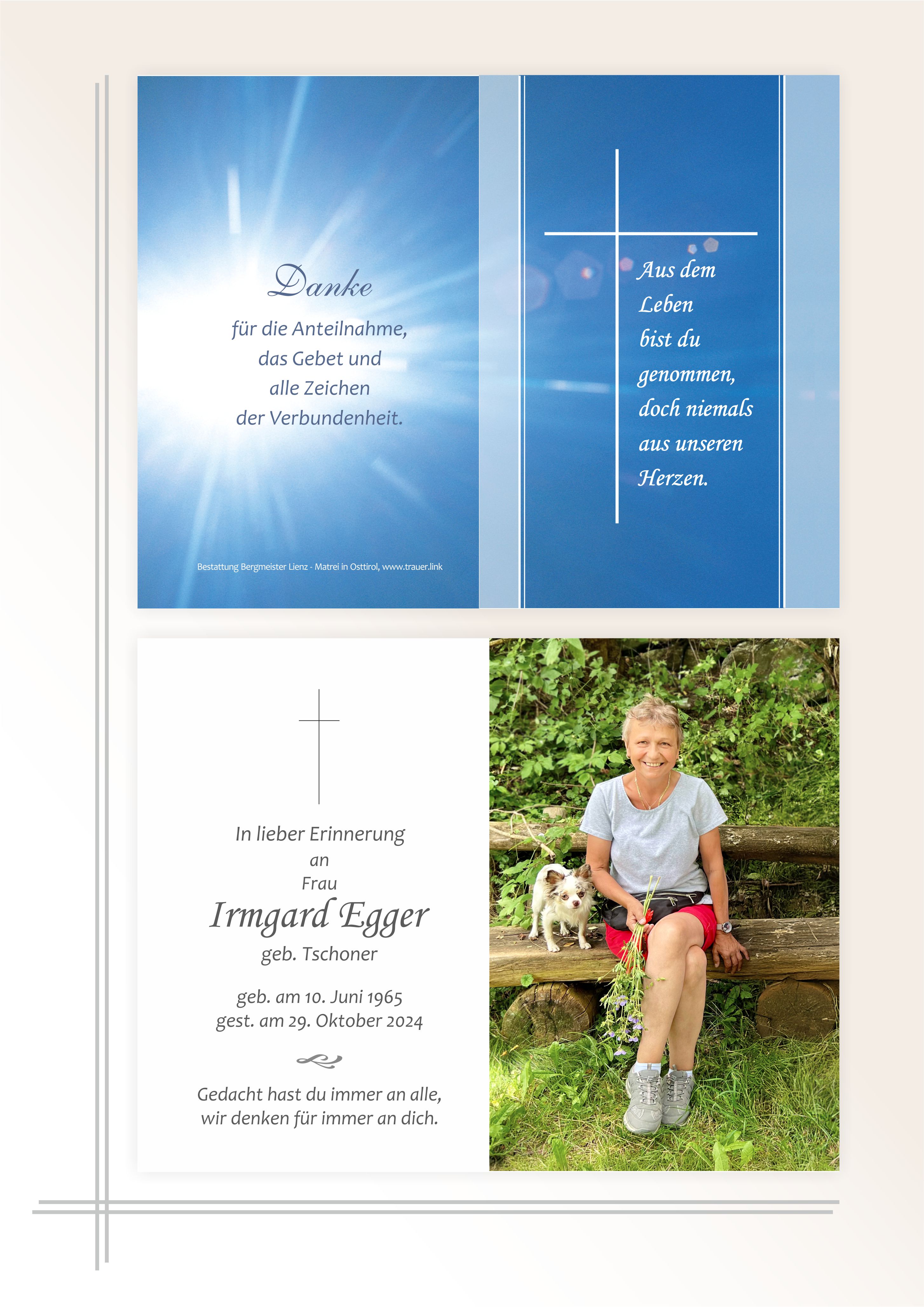 Andenkbild Irmgard Egger – Trauer.Link