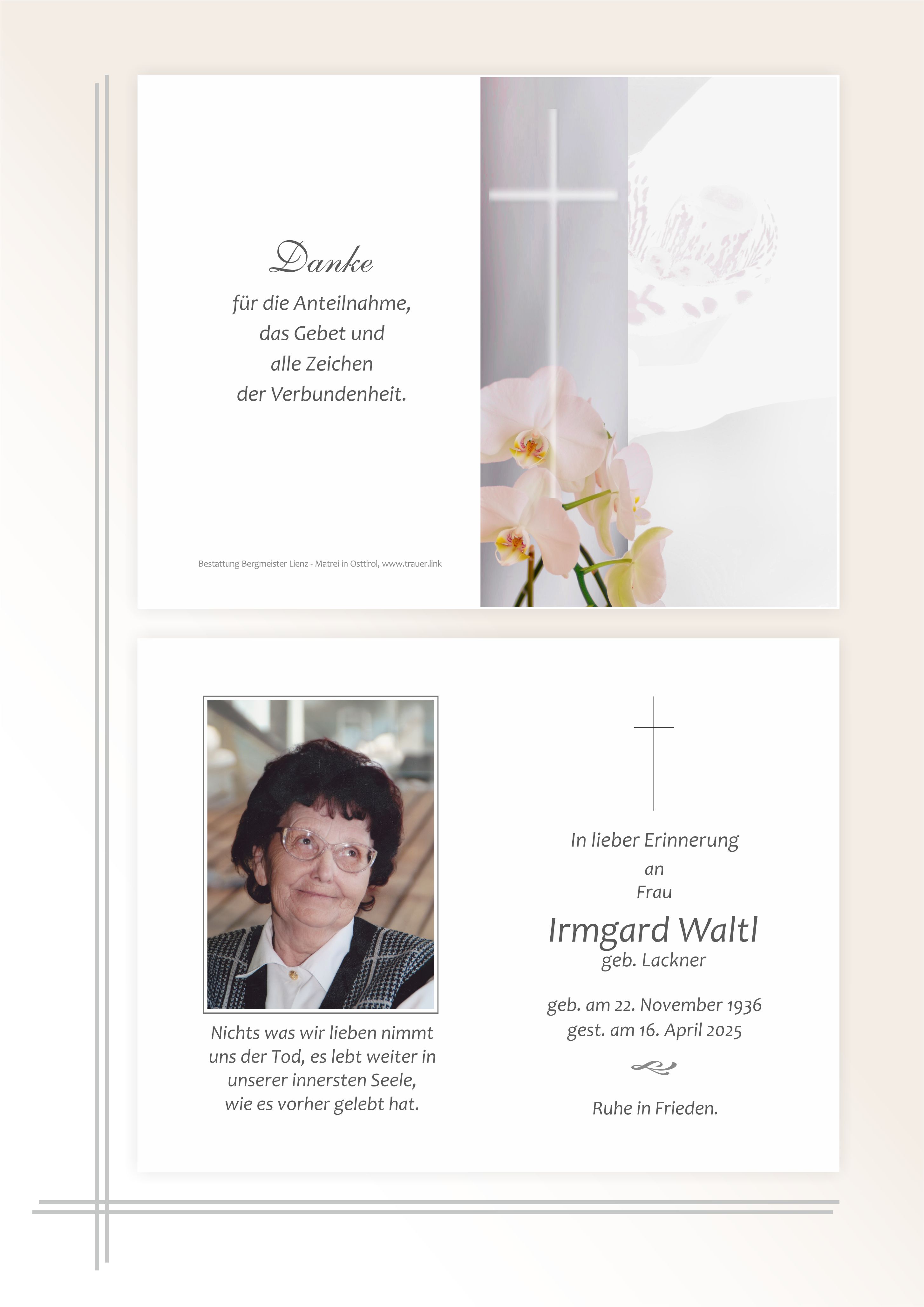 Andenkbild Irmgard Waltl – Trauer.Link