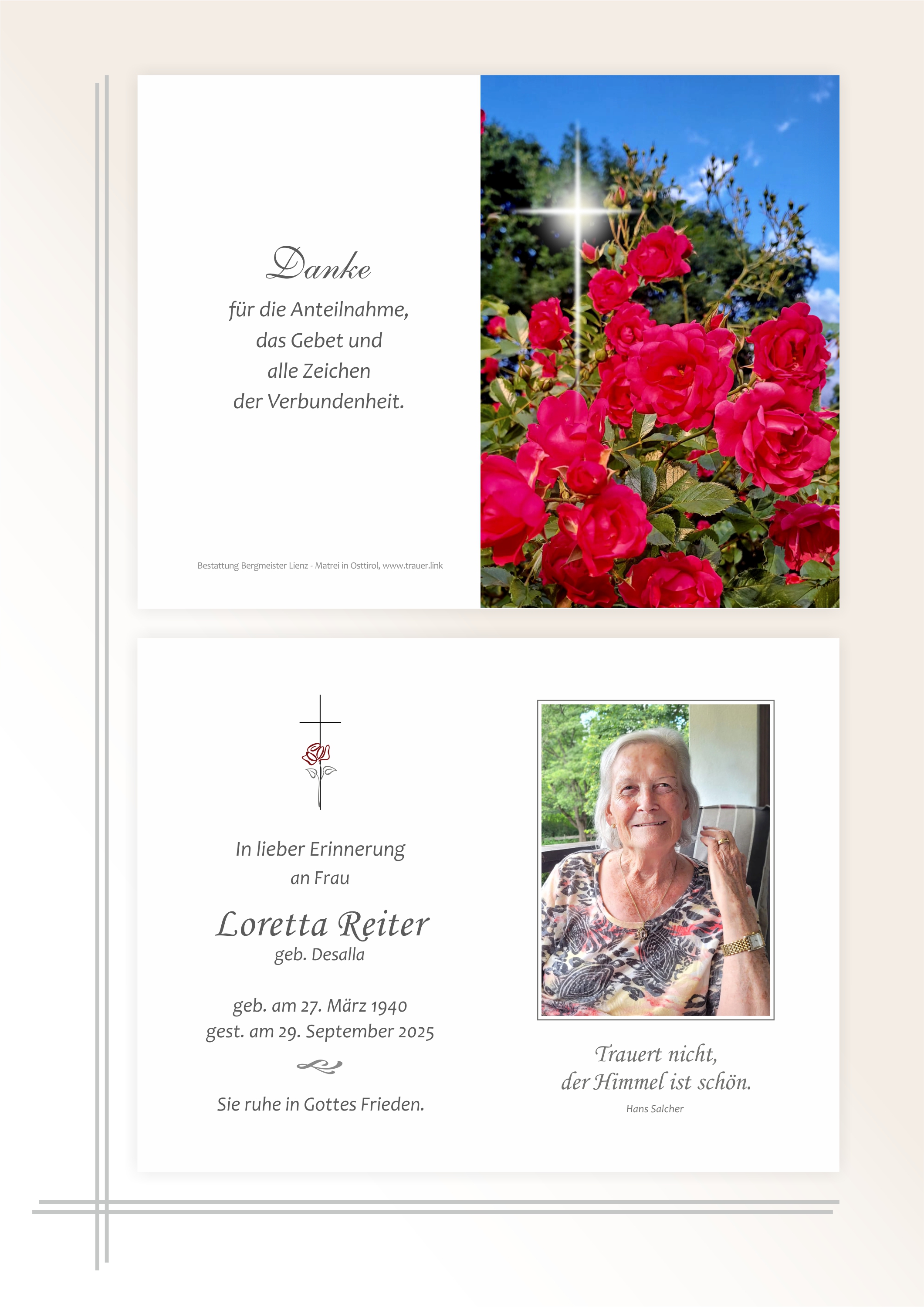 Andenkbild Loretta Reiter – Trauer.Link