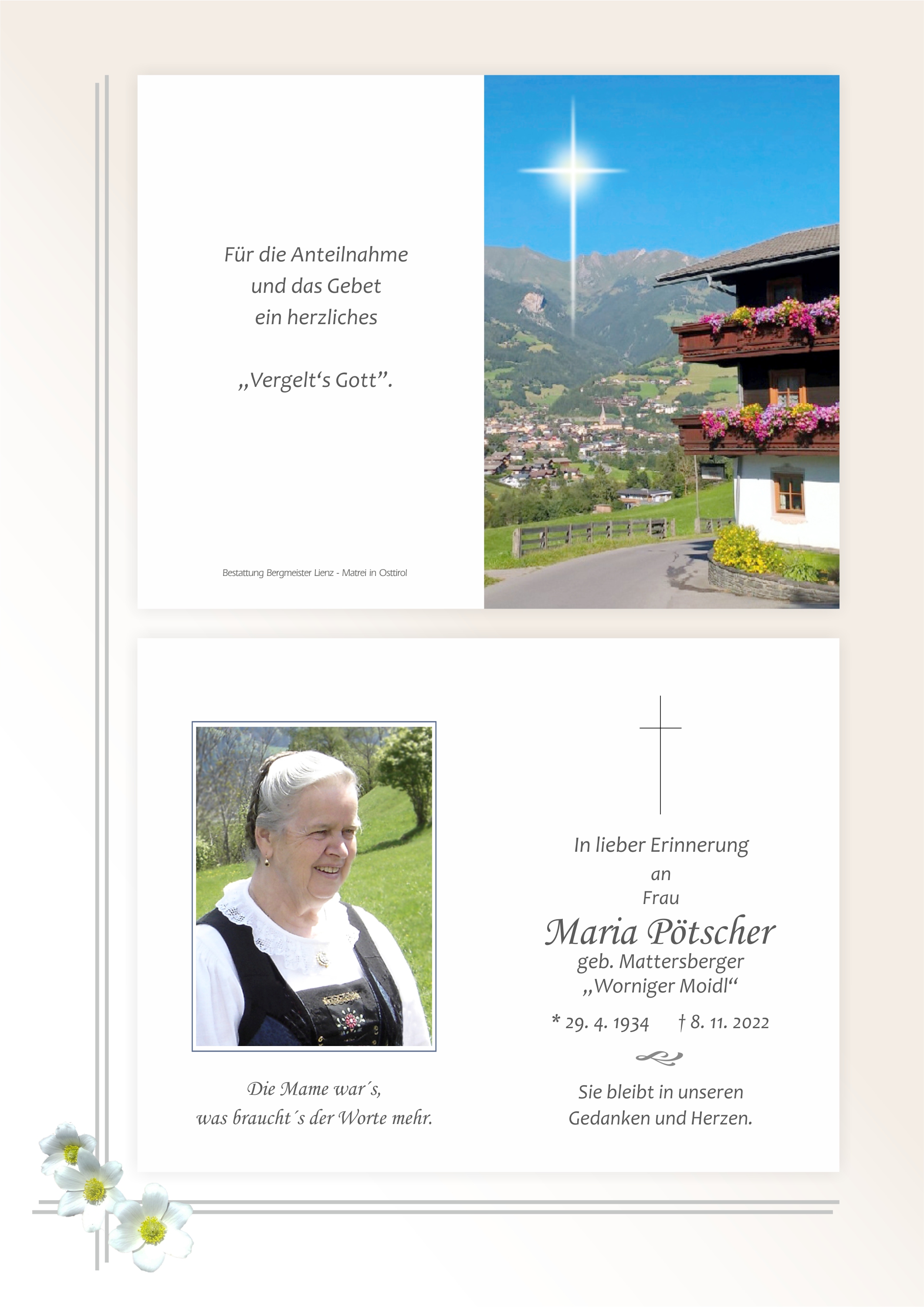 Andenkbild Maria Pötscher – Trauer.Link