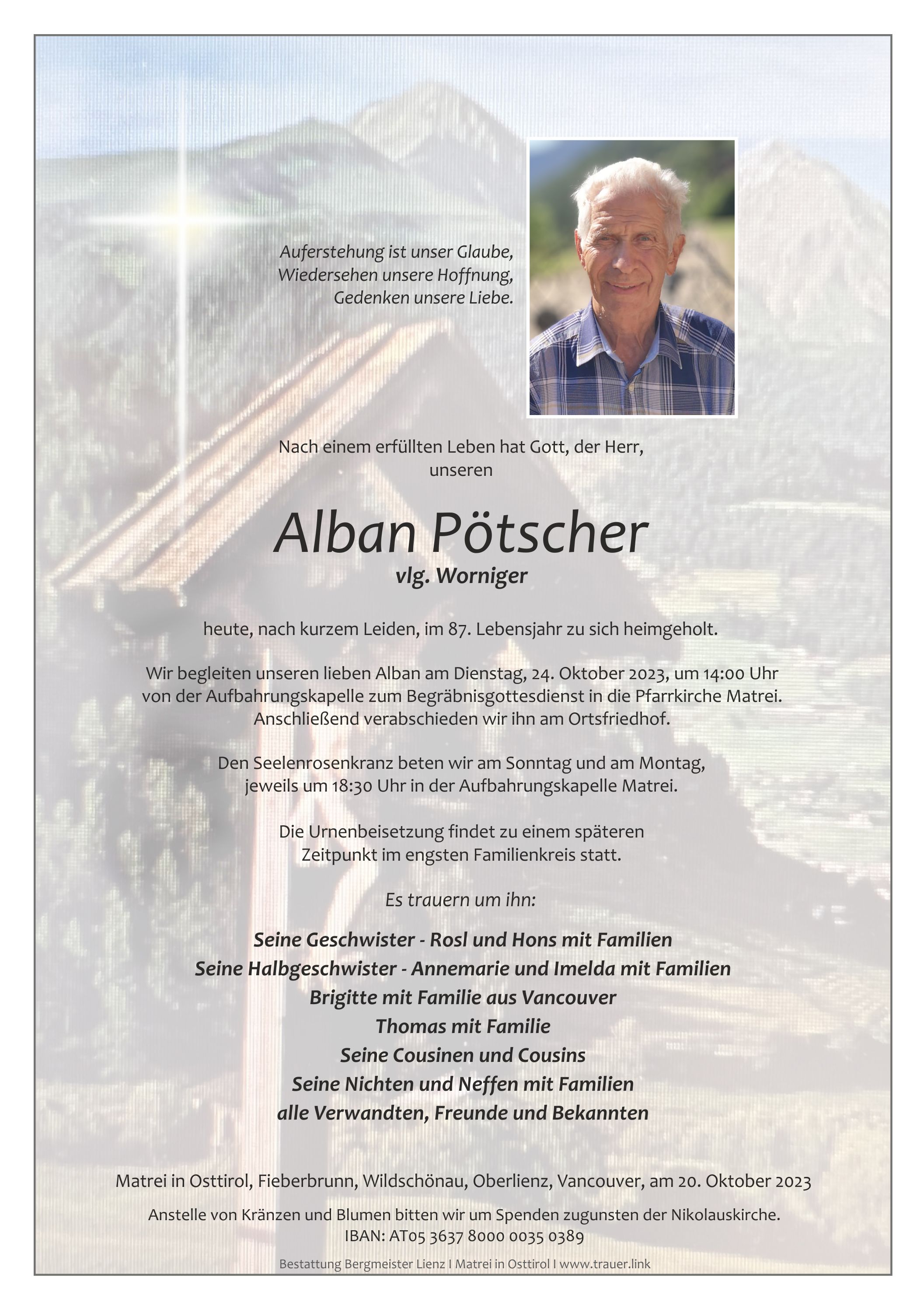 Todesanzeige Alban Pötscher – Trauer.Link
