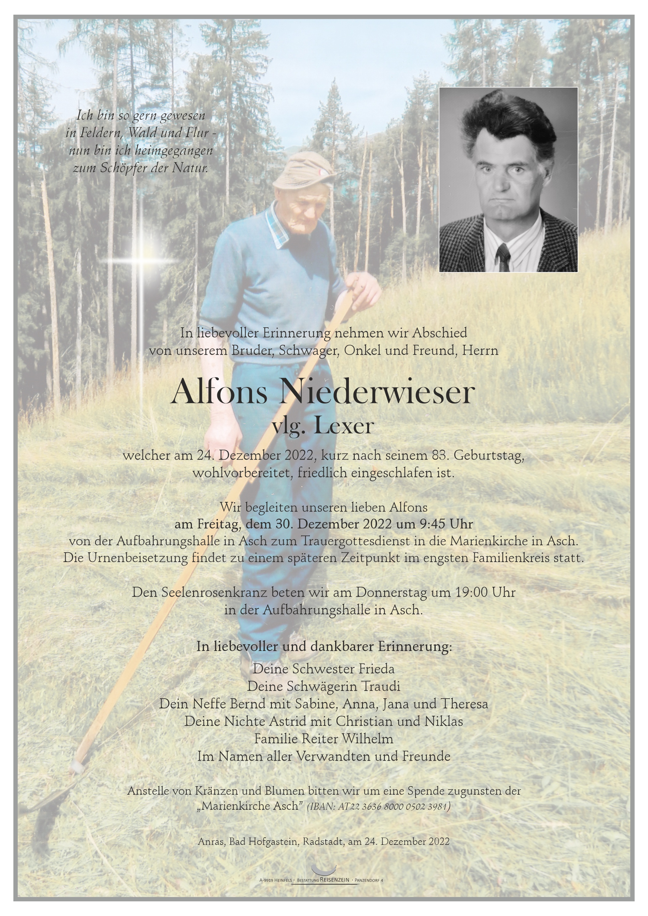 Todesanzeige Alfons Niederwieser Trauer Link