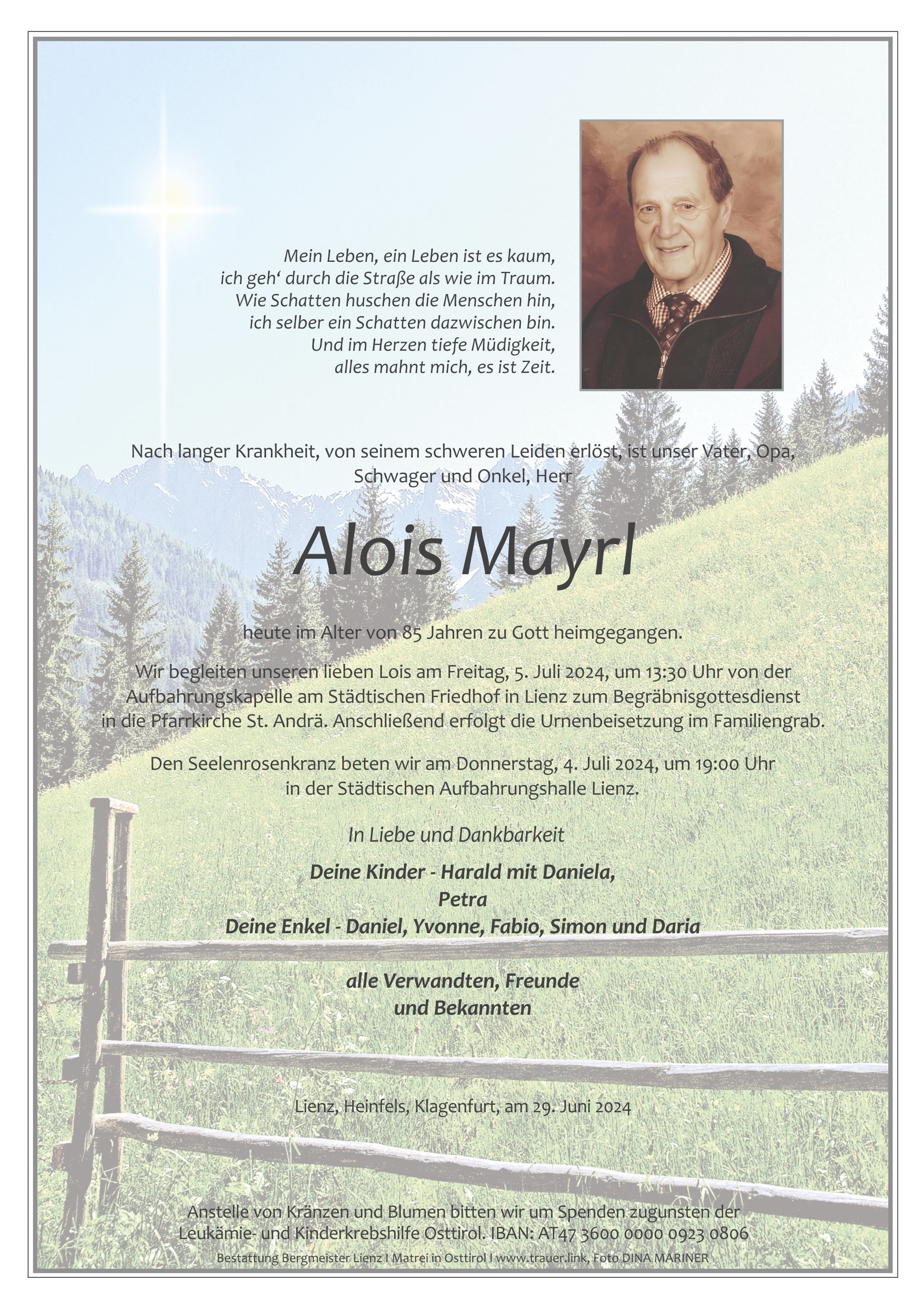 Todesanzeige Alois Mayrl – Trauer.Link