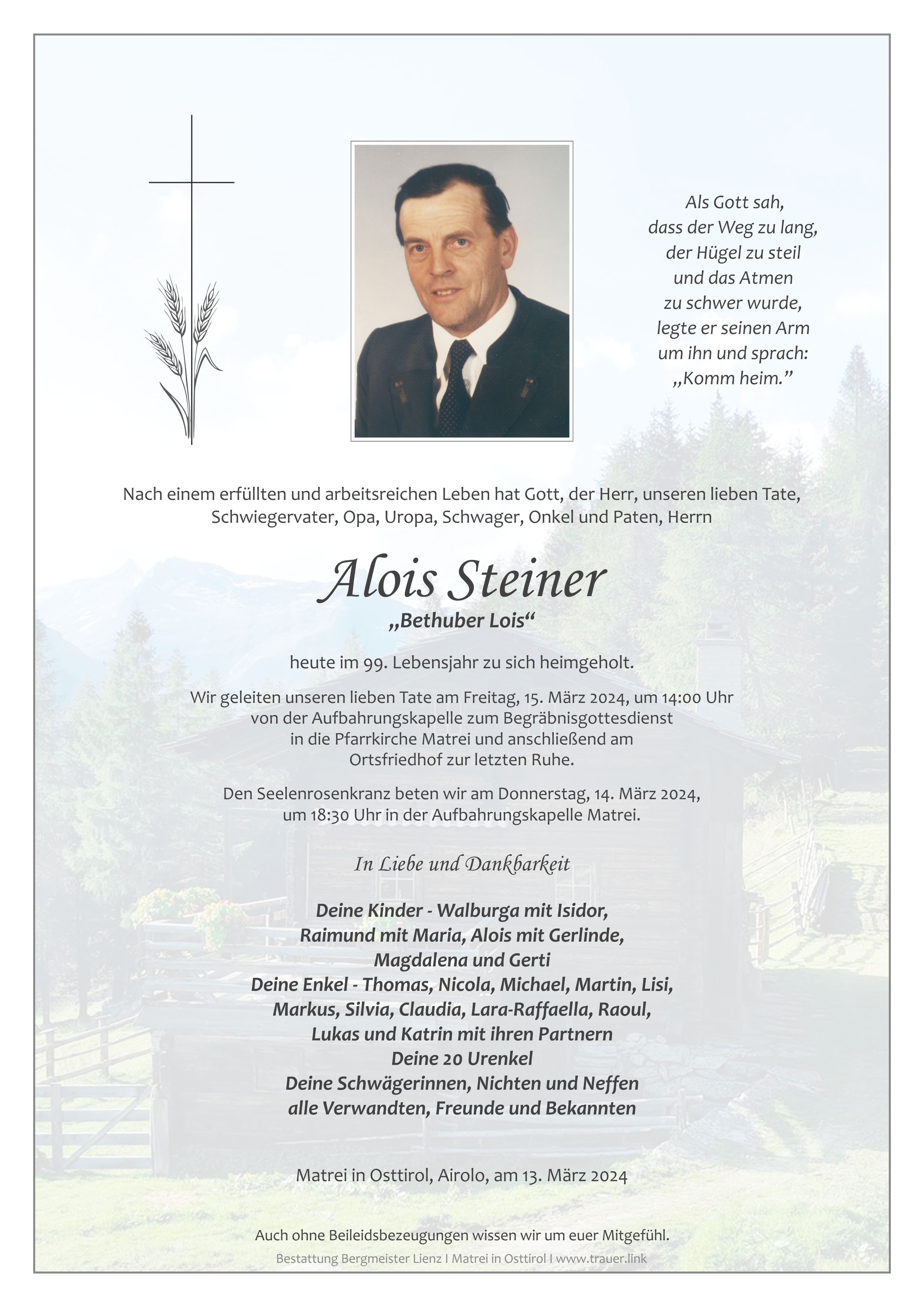 Todesanzeige Alois Steiner – Trauer.Link