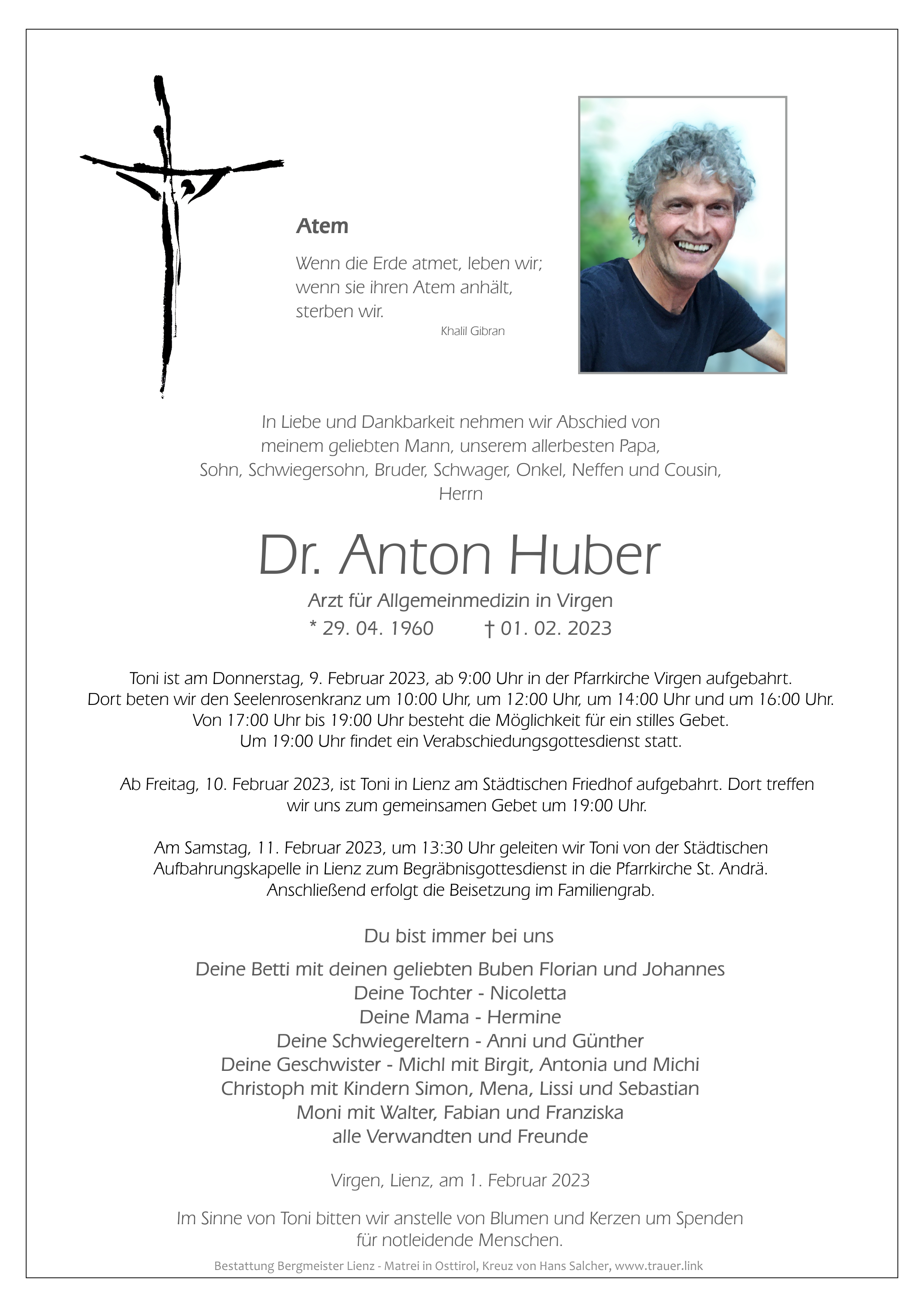 Todesanzeige Dr. Anton Huber – Trauer.Link
