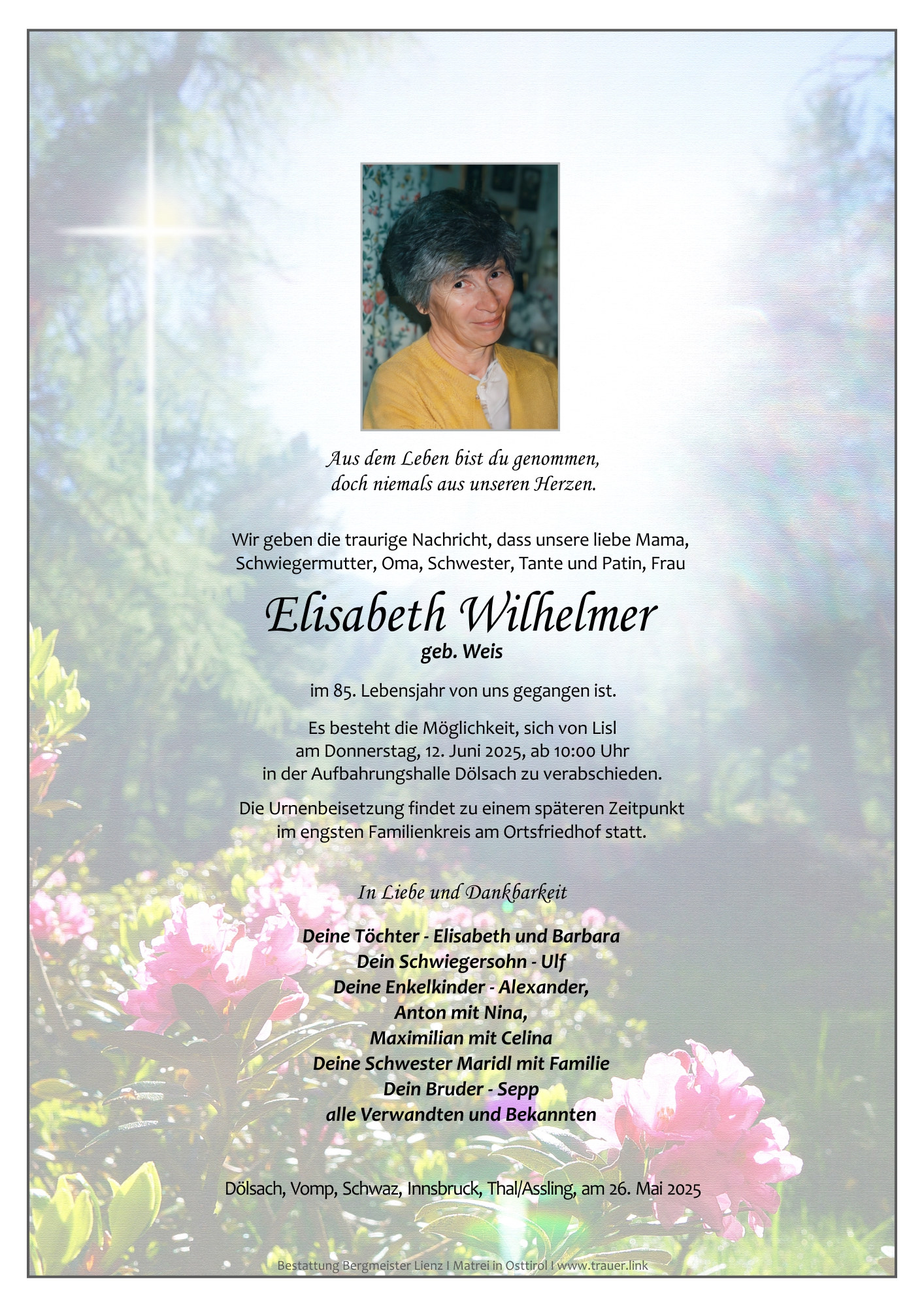 Todesanzeige Elisabeth Wilhelmer – Trauer.Link
