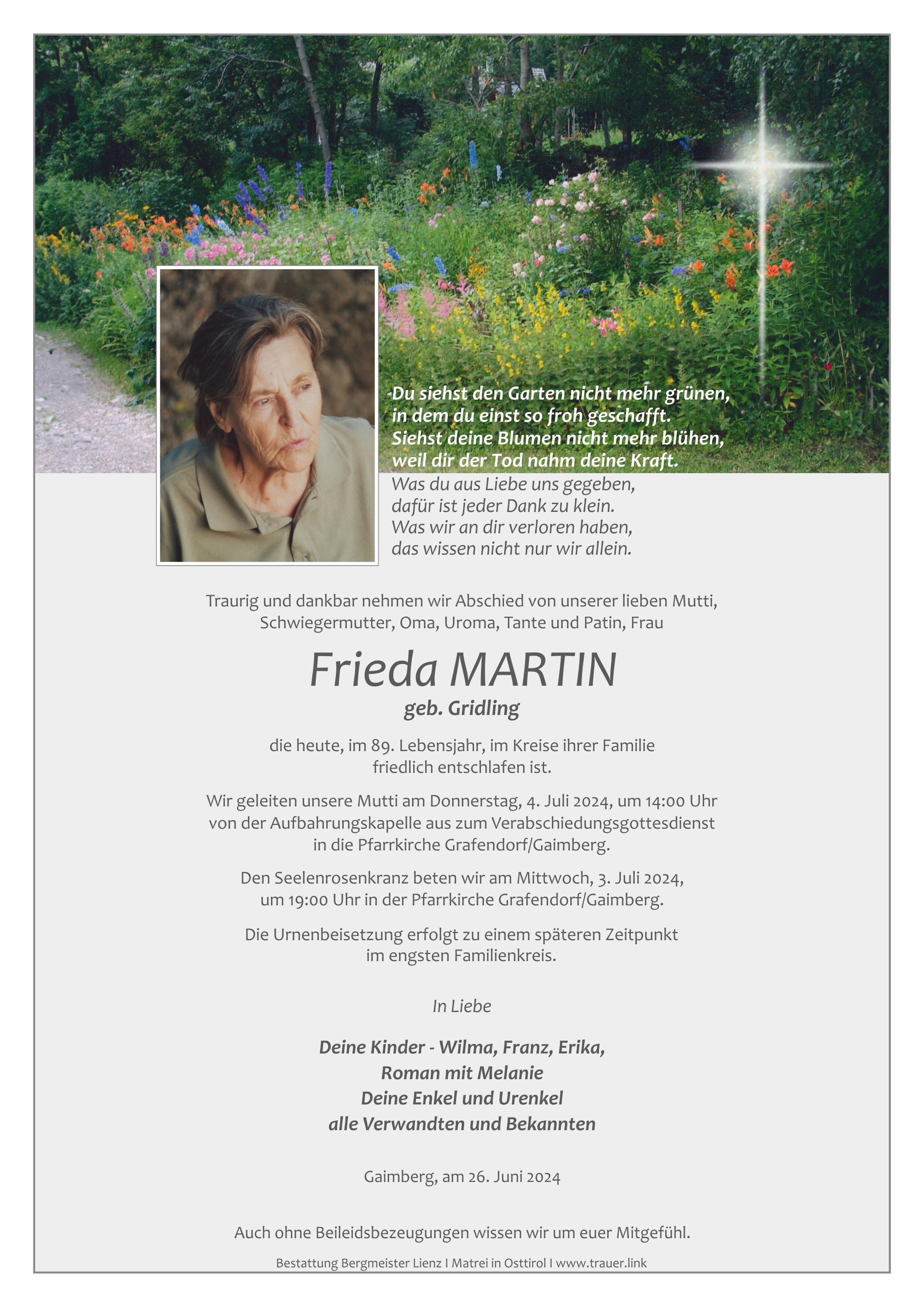 Todesanzeige Frieda MARTIN – Trauer.Link