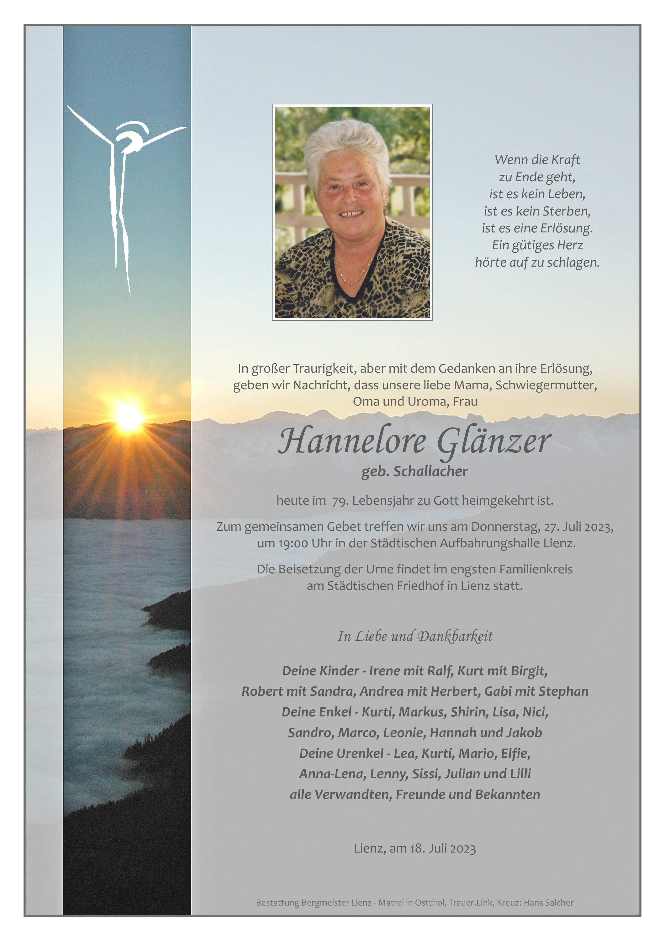 Todesanzeige Hannelore Glänzer – Trauer.Link