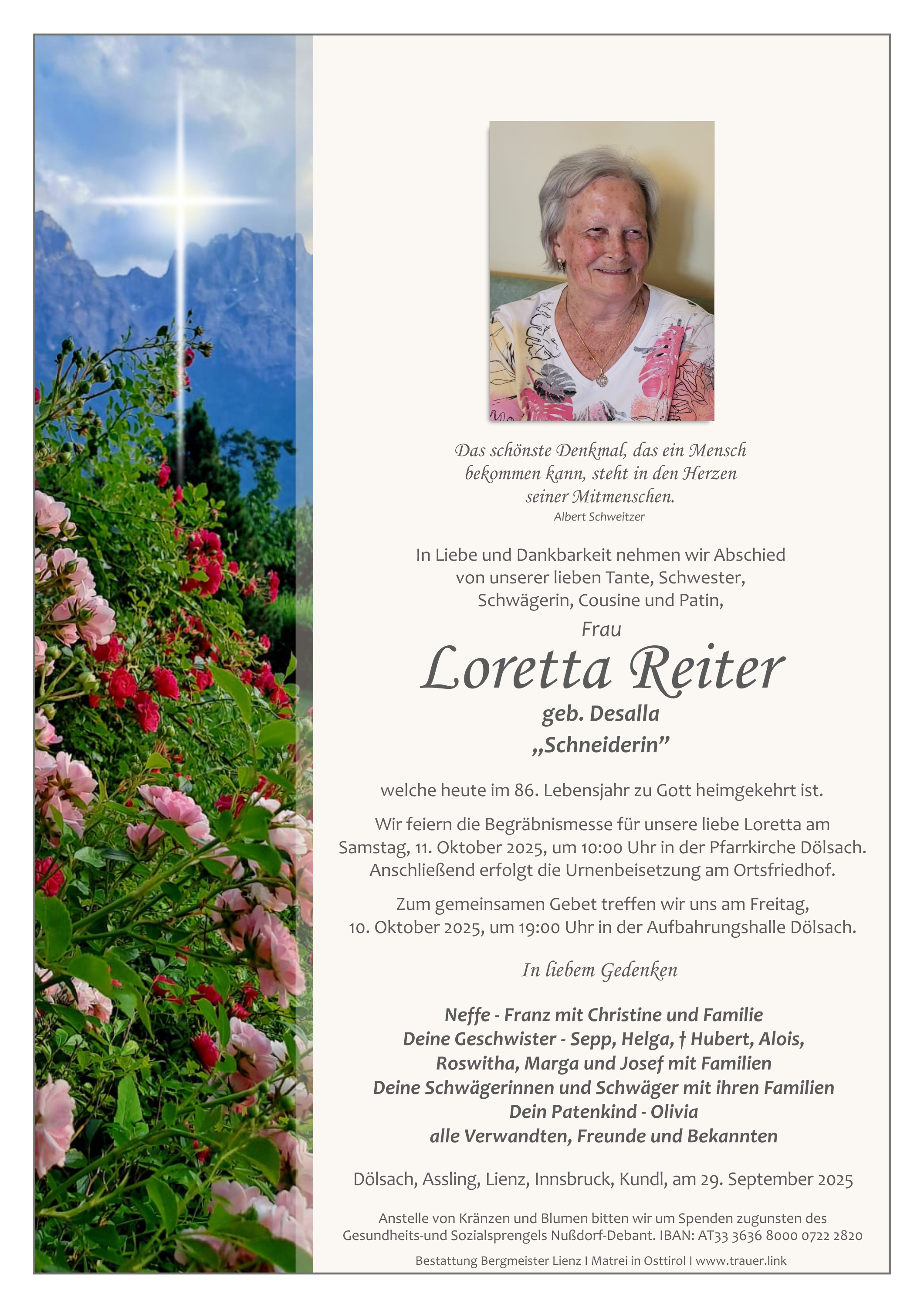 Todesanzeige Loretta Reiter – Trauer.Link