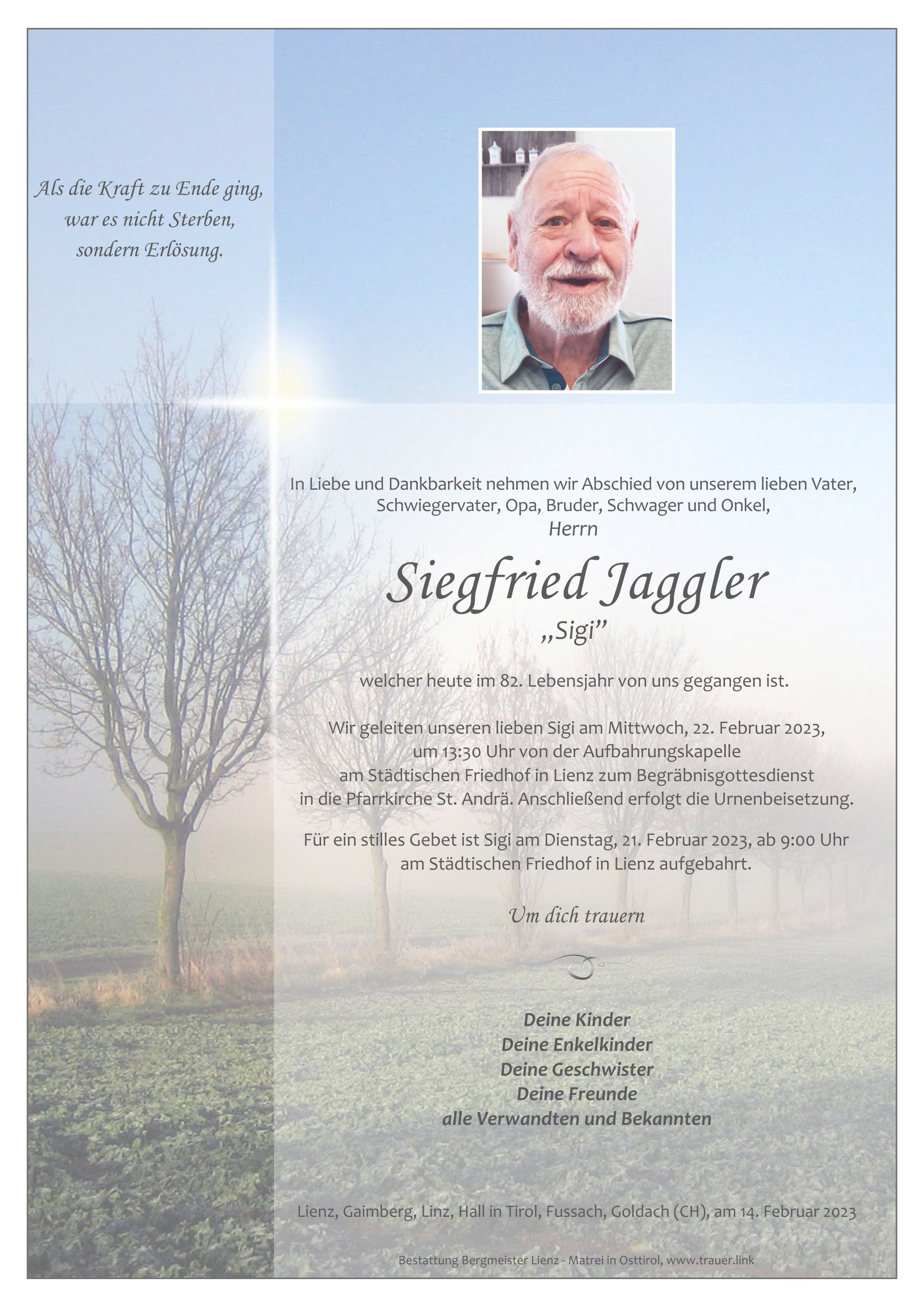 Todesanzeige Siegfried Jaggler – Trauer.Link