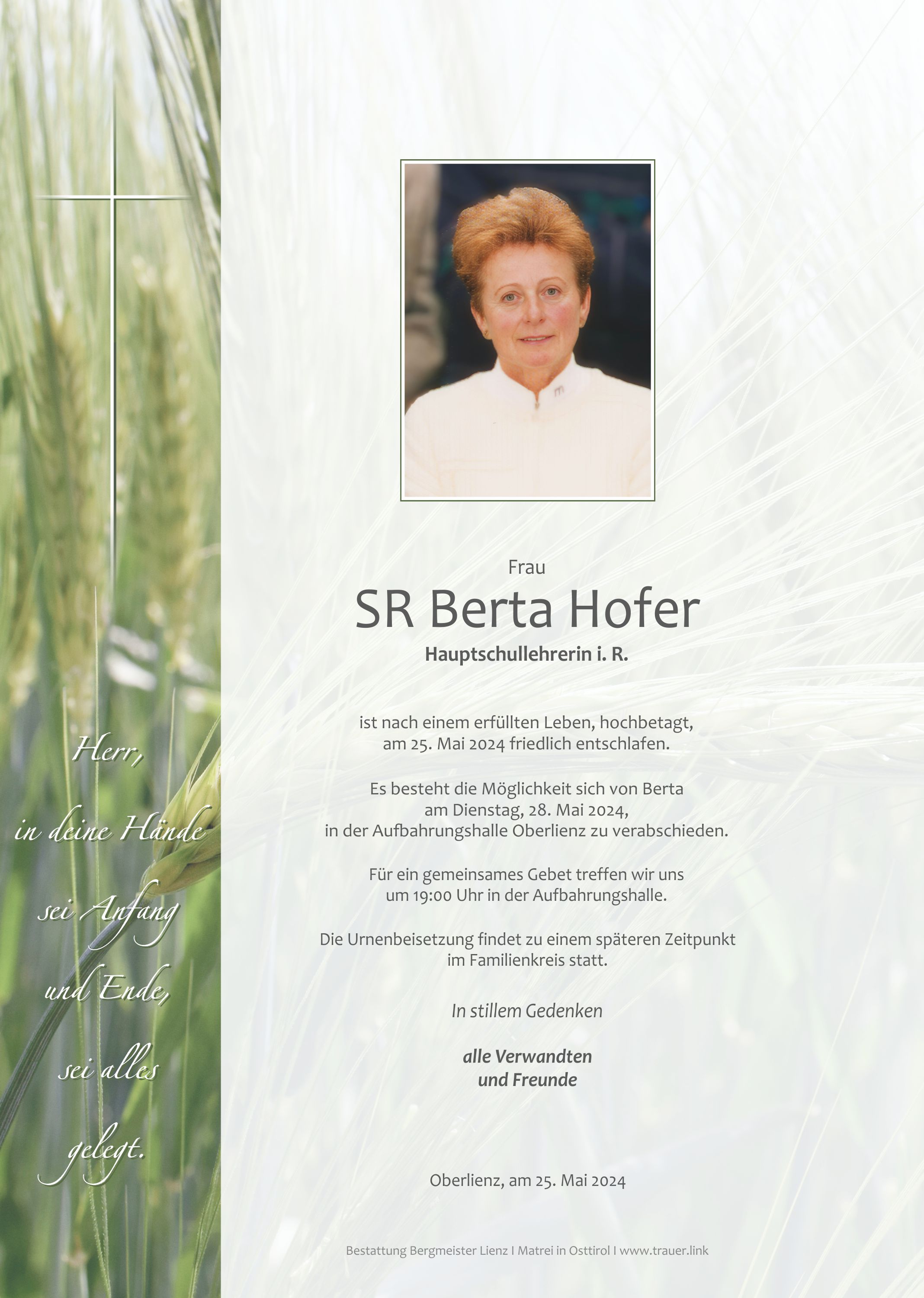 Todesanzeige SR Berta Hofer – Trauer.Link